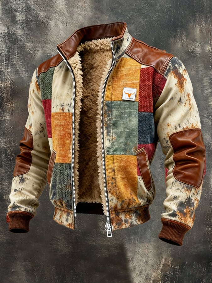 Men's Retro Color Block Leather Patchwork Multi-Pocket Outdoor Jacket