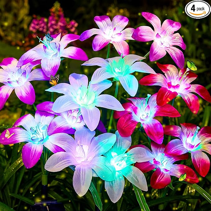 Lifelike Blooming Lily Solar Lights – 32‑Bloom 7‑Color Outdoor Garden Set