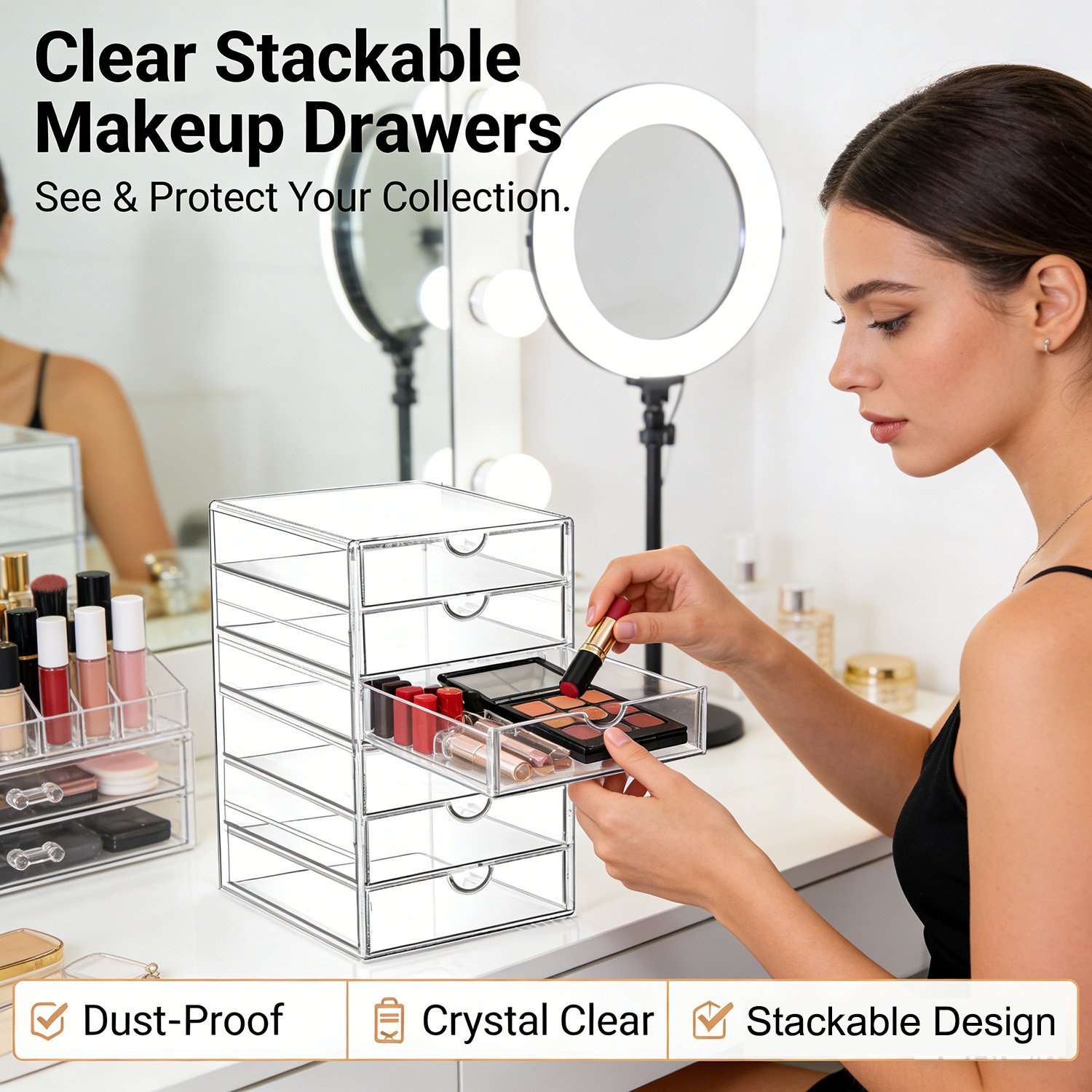 💎 Clear Stackable Makeup Drawers – Dustproof, Modular Organization